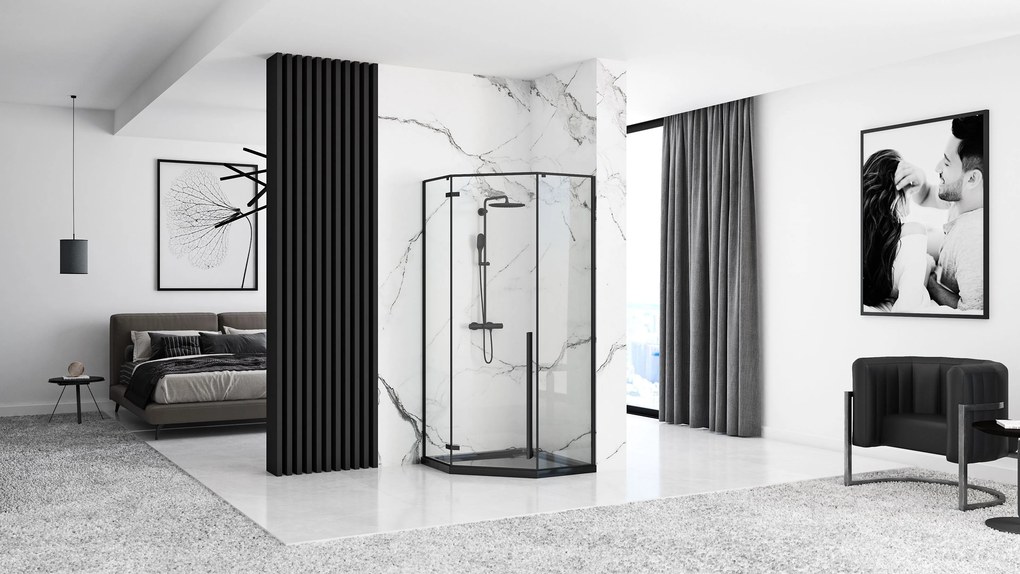 Pětiúhelníkový sprchový kout REA DIAMOND 90x90 cm, černý matný/transparent - bez vaničky