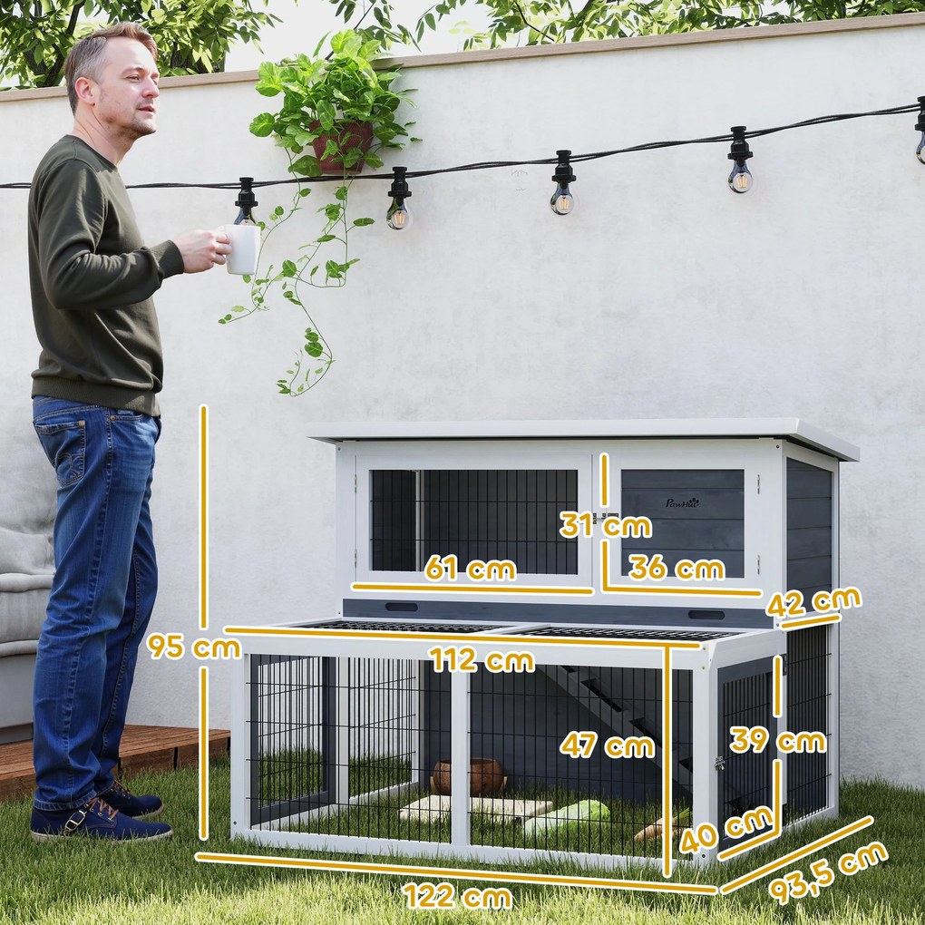 PawHut Kotec pro králíky 2 patra se skládací střechou, dřevěná králičí klec, zimní dvoupodlažní dům s výběhem 122x95x93,5 cm, venkovní úkryt pro malé…