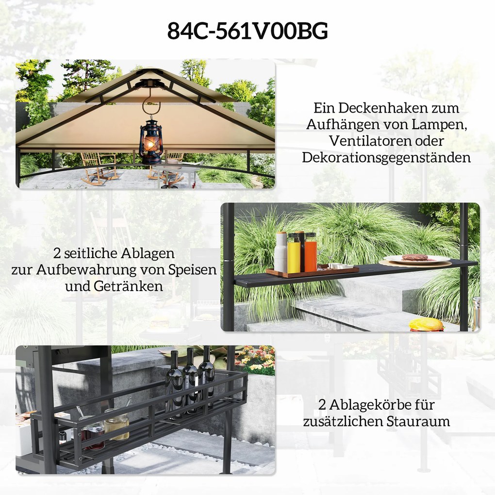 Outsunny Gril stan, BBQ stan, zahradní pavilon se 2 policemi, úložnými koši, háčky, na terasu, béžový