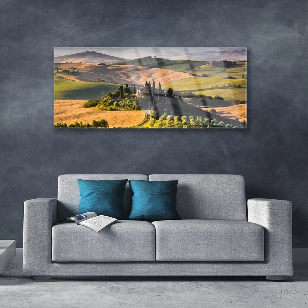 Plexisklo-obraz Krajina Vrchoviny Louky Domek 125x50 cm