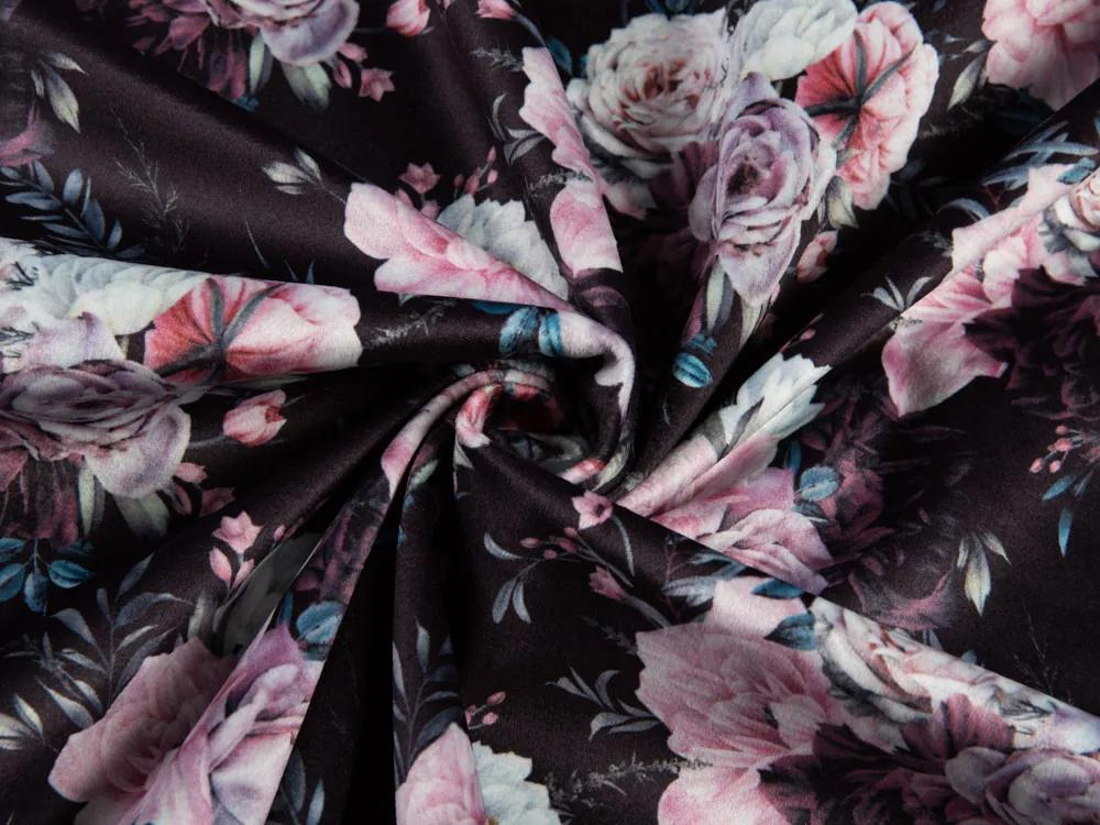 Biante Sametový povlak na polštář s lemem Tamara TMR-011 Květiny na černém 35 x 45 cm