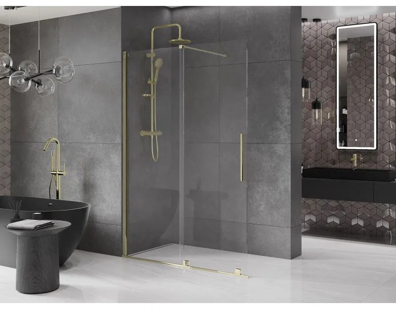 Mexen Velar, posuvné dveře do otvoru typ Walk-In 140 cm, 8mm čiré sklo, zlatá lesklá, 871-140-000-03-50