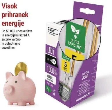 Emos lighting LED žárovka Filament A60 A CLASS/ E27 / 5 W (75 W) / 1 060 lm / neutrální bílá 1525283412