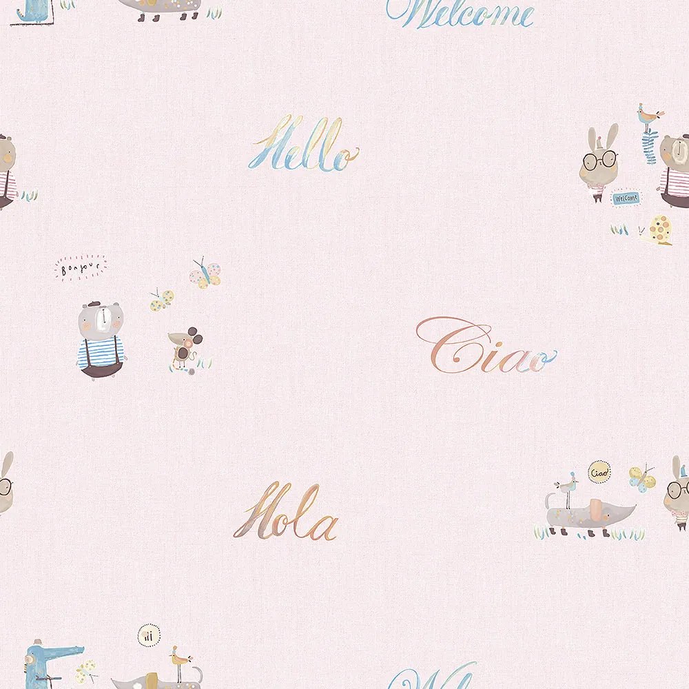 Růžová Papírová dětská tapeta se zvířátky a nápisy 3353-2, Oh lala, ICH Wallcoverings