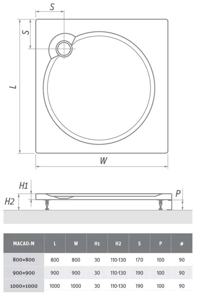 Roth Čtvercová sprchová vanička z litého mramoru MACAO-M Varianta: rozměry: 90x90 cm - (MACAO-M  900 - 8000063)