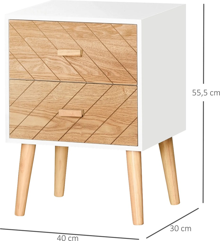 HOMCOM Noční stolek s 2 zásuvkami a zvýšenými nohami do ložnice 40x30x55,5 cm Bílý a přírodní