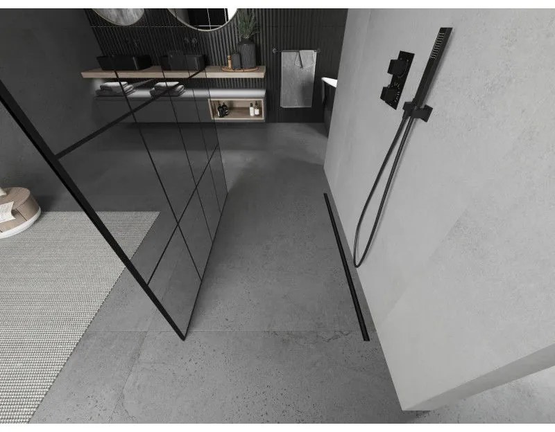 Mexen Kioto, průchozí sprchová zástěna 130 x 200 cm, 8mm sklo čiré/černý vzor, 2x černá stabilizační rozpěra, 800-130-002-70-77