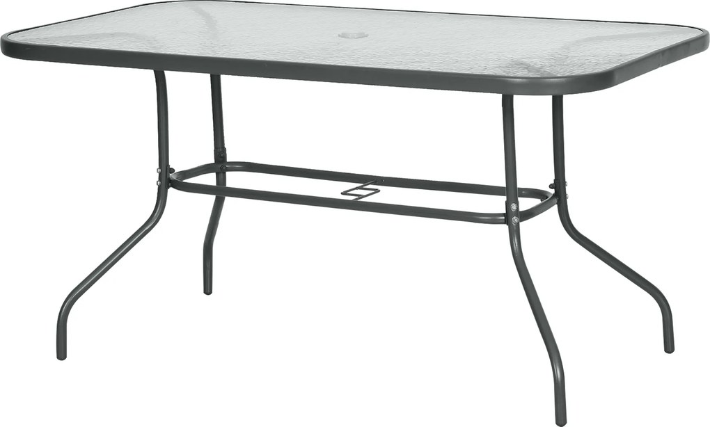 Outsunny Obdélníkový Zahradní Stůl s Zakřivenými Kovovými Okraji a Otvorem pro Slunečník, Temperované Sklo 70kg Kapacita 140x80x70 cm Tmavě Šedá