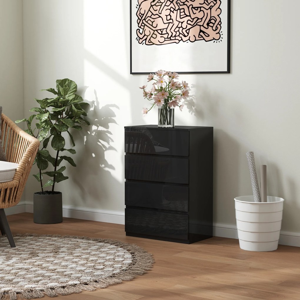 HOMCOM Moderní komoda se 4 šuplíky, design proti převrhnutí, do obývacího pokoje a chodby 55x34x80 cm lesklá černá