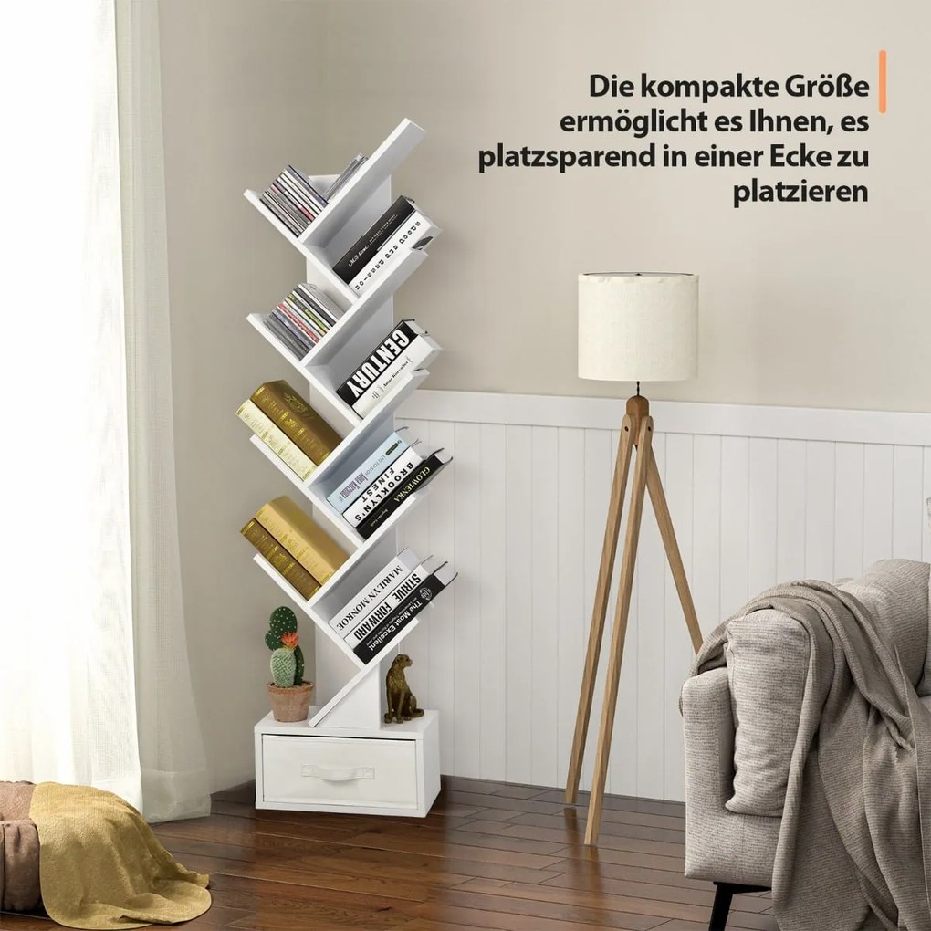 Costway Knihovna 10 Tier Tree Book se zásuvkou na podlaze stojící úložný regál