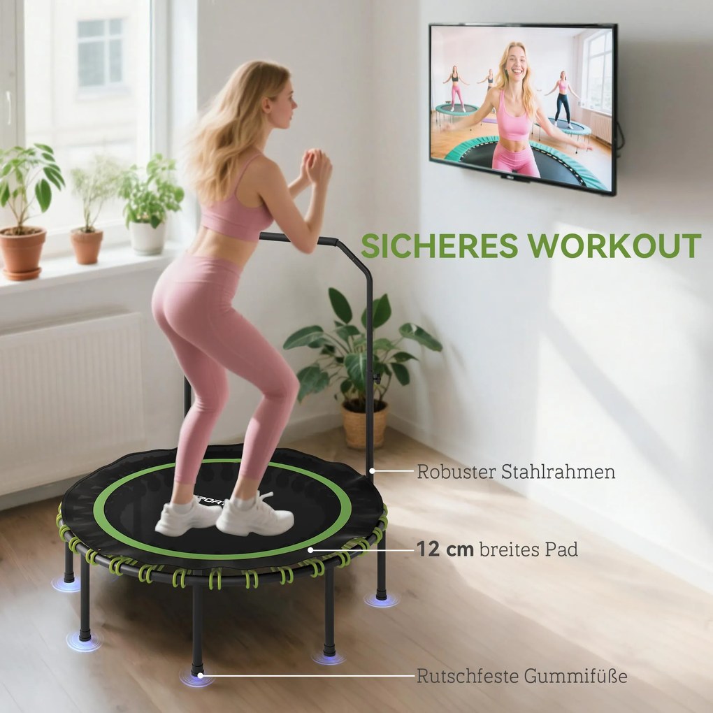 SPORTNOW Fitness trampolína s nastavitelnou rukojetí, sportovní trampolína do interiéru i exteriéru, ocel, plast, zelená A71-059V02GN