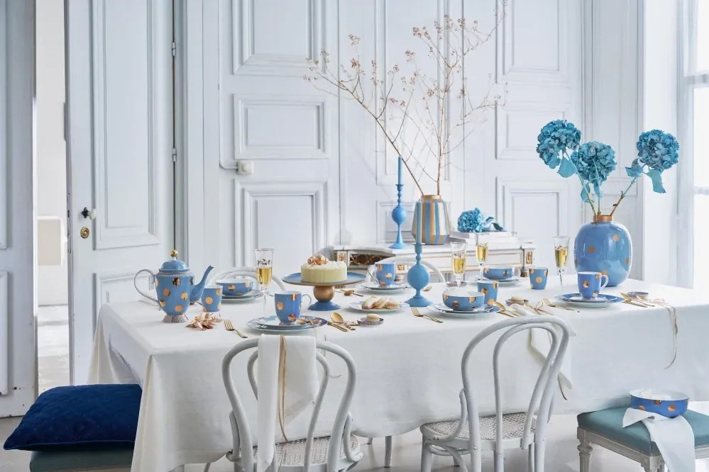 Pip Studio Dot Delight Light Blue-Gold hrnek bez ucha s odkládacím táckem 290ml, modro-zlatý (hrnek bez ucha z tenkostěnného porcelánu)