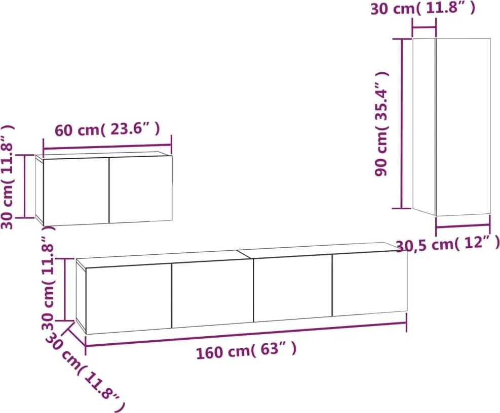 vidaXL 4dílný set TV skříněk kompozitní dřevo [3114340] Barva: dub sonoma