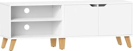 Moderní bílý TV stolek s policemi a dvířky, 140x40x45 cm
