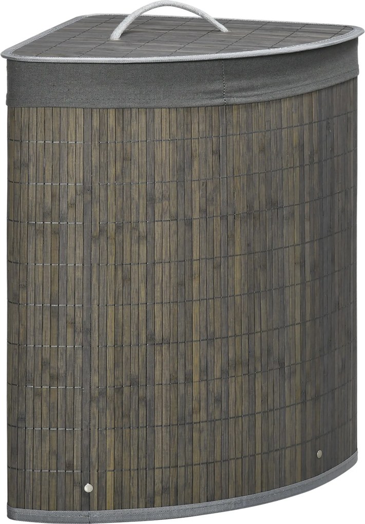 HOMCOM Bamboo Koš na Prádlo s Víkem 55L, Sběrač Prádla s Rukojeťmi, Odnímatelný Prádlo Vak, Rohový Koš na Prádlo pro Koupelnu, Ložnici, Šedý | Aosom