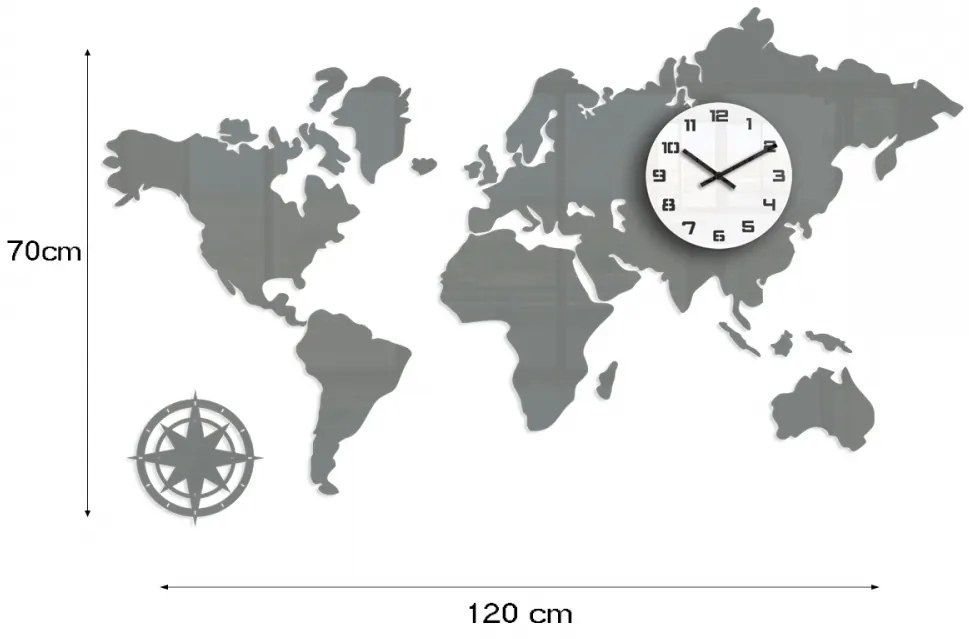 3D nalepovací hodiny Mapa světa šedé