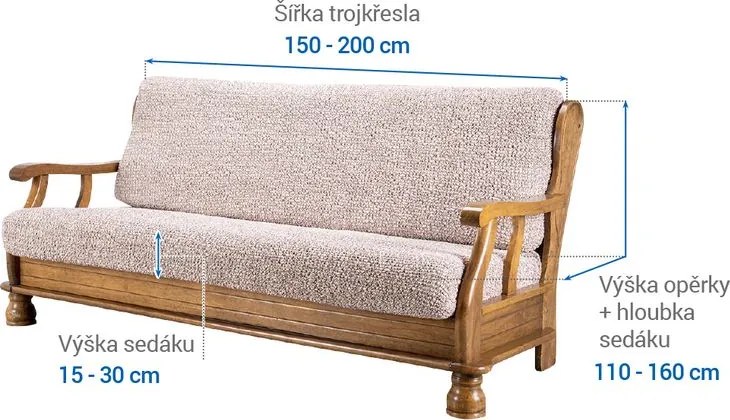 Bielastické potahy GRAFITI NOVÉ béžové trojkřeslo s dřevěnými rukojeťmi (š. 150 - 200 cm)