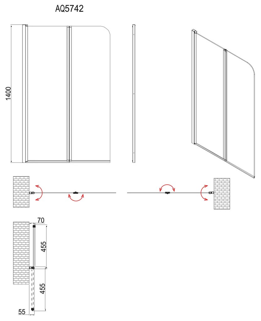 Aqualine Aqualine, WILA vanová zástěna 900x1400 mm, skládací, černá, čiré sklo, AQ5742B