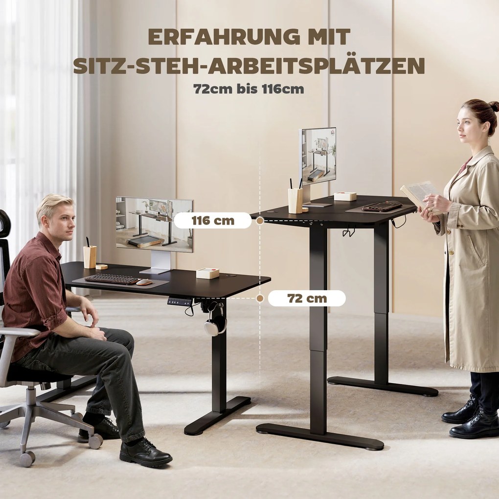 Stůl Vinsetto se stojanem na sezení, elektrický, s ochranou proti nárazu, ochranou proti přehřátí, možnost ukládání, 140x70x72-116cm, dřevotříska, če…