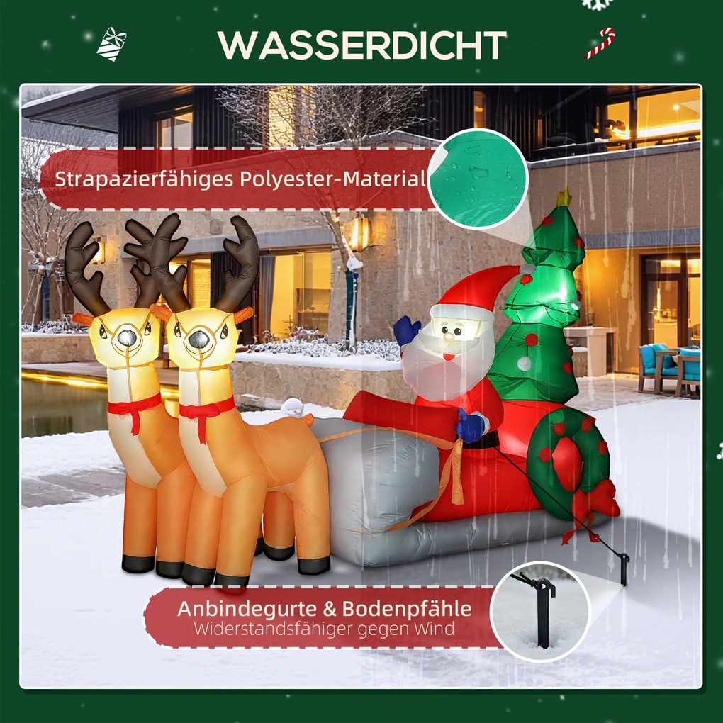 Outsunny Nafukovací vánoční dekorace, Santa Claus v sobím saních, polyesterová látka, LED světla, barevné