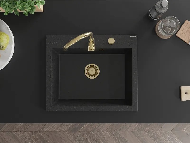 Mexen Elix, 1-komorový granitový dřez 600 x 500 mm, černá/stříbrná metalíza, zlatý sifon - 6525601005-73-G