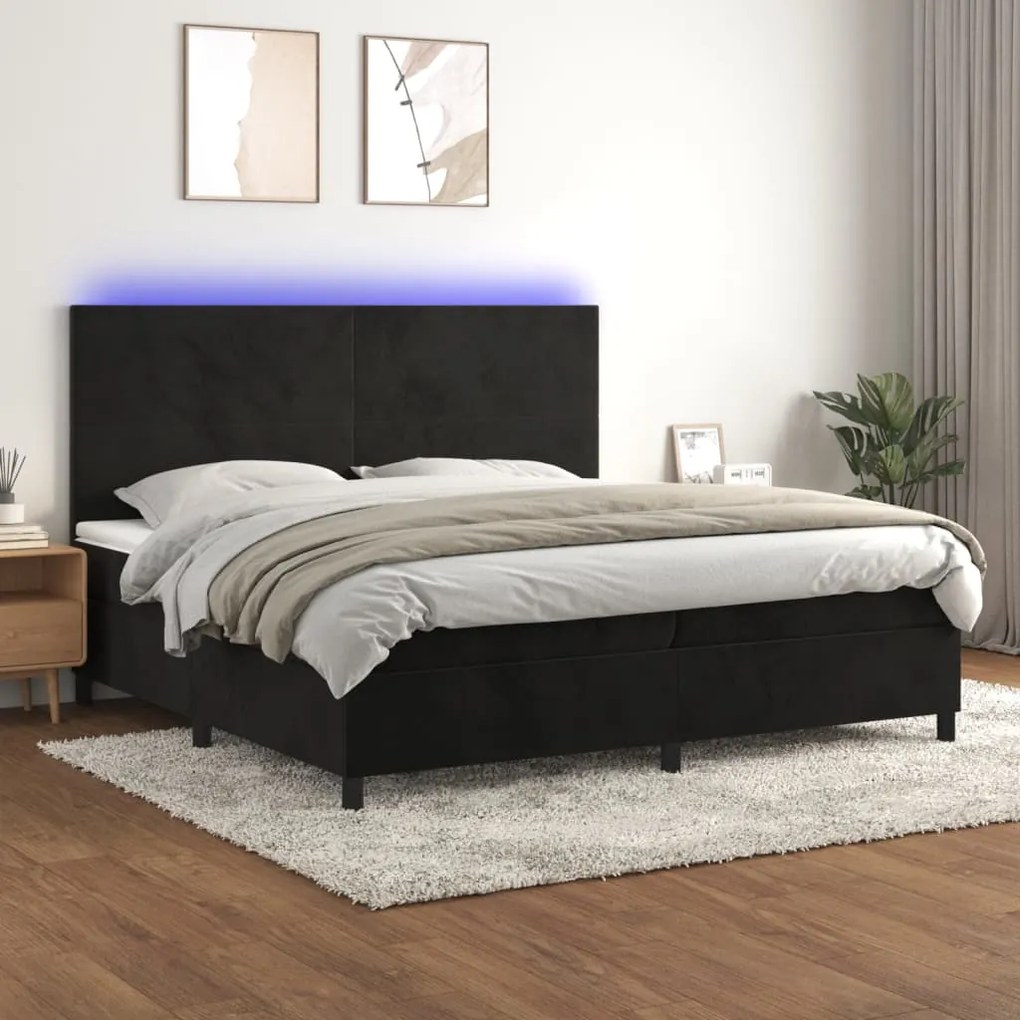 Box spring postel s matrací a LED černá 200x200 cm samet
