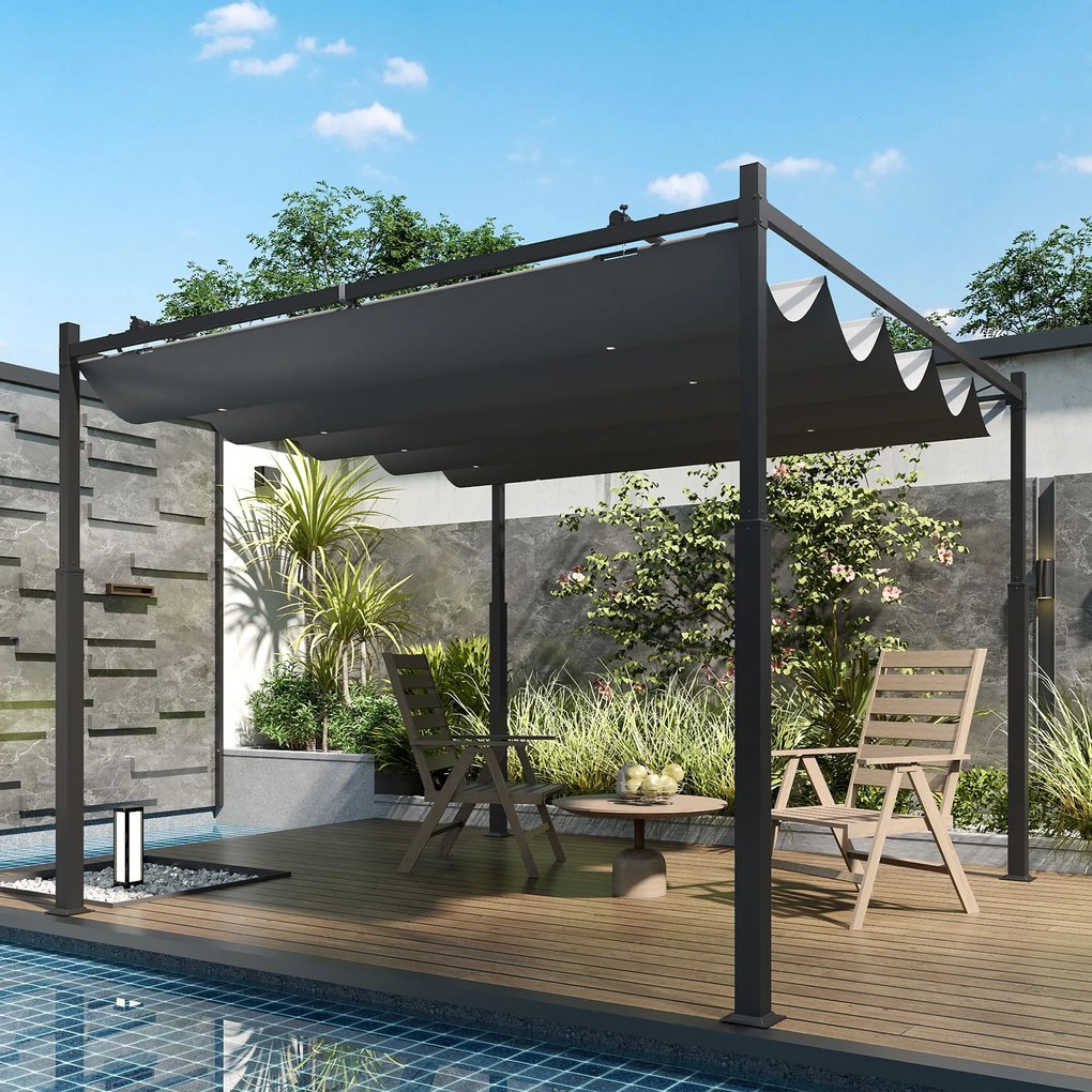 Pergola cca 3x3 m Volně stojící zastřešení terasy s posuvnou střechou, magnetická podložka, 8 cm sloupek odolný proti UV záření