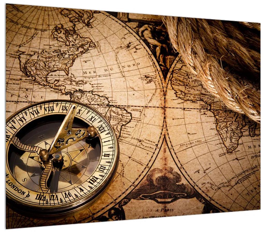 Historický obraz mapy světa a kompasu (70x50 cm)