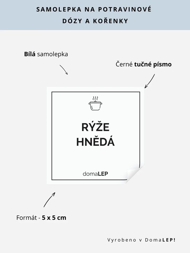 RÝŽE HNĚDÁ– bílá samolepka na dózu, tučné písmo, 5 x 5 cm | DomaLEP