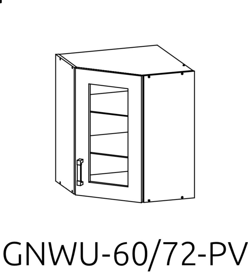 Horní prosklená rohová kuchyňská skřínka Verdi vnitřní GNWU-60/72-PV Zvolte stranu: levé provedení, Barva korpusu skříněk: Bílá alpská, Zvolte barvu dvířek: Jasná šedá mat (prosklená)