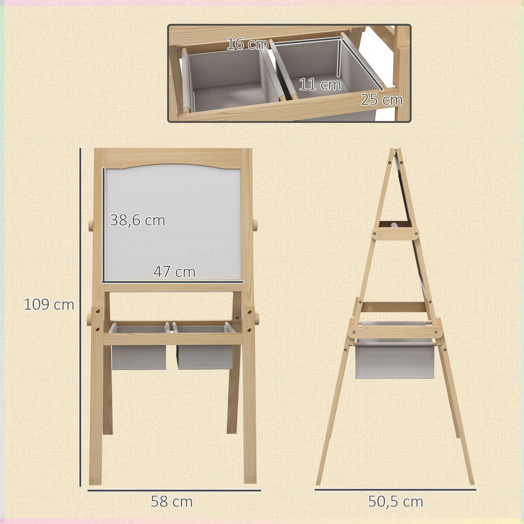 Dětský easel AIYAPLAY 3 v 1 s oboustrannou tabulí, dřevěný easel pro kreslení s papírovým válcem a 2 košíky 58x50,5x109 cm přírodní
