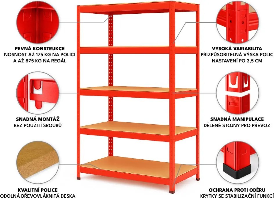 Akce 3x Regál 180x90x30 cm lakovaný 5-policový, nosnost 875 kg - červený