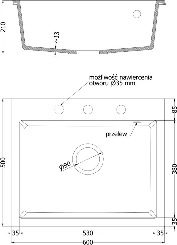 Mexen Elix granitový dřez 1-komorový 600 x 500 mm, bílý, sifon chrom - 6525601005-20