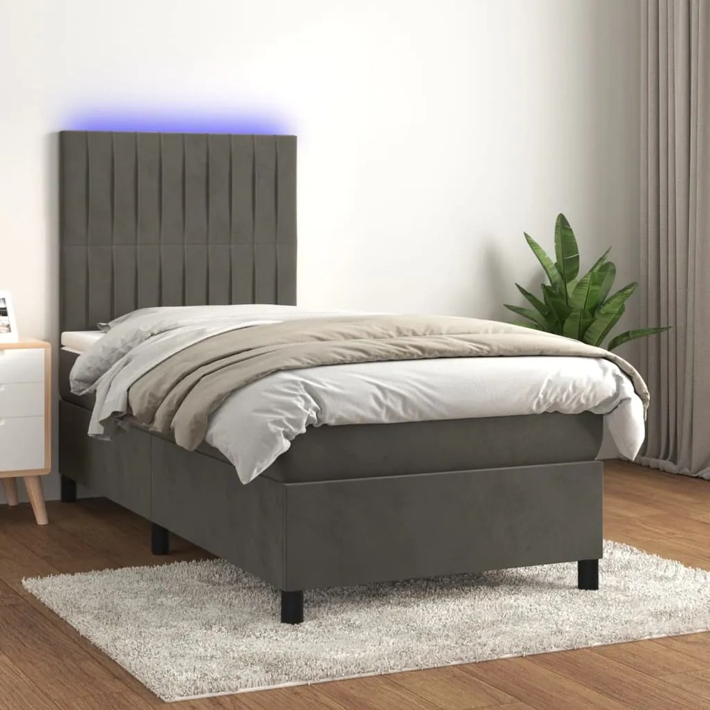 Box spring postel s matrací a LED tmavě šedá 90x200 cm samet,  3136222
