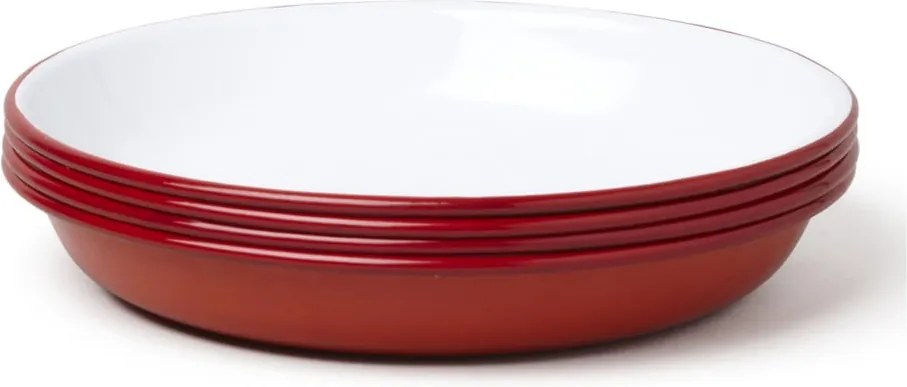 Sada 4 červeno-bílých smaltovaných polévkových talířů Falcon Enamelware