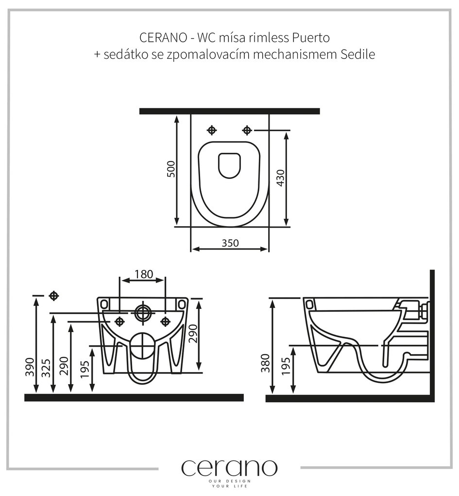 CERANO - Závěsná WC mísa Puerto, Rimless + sedátko Sedile, softclose - bílá lesklá - 35x50 cm