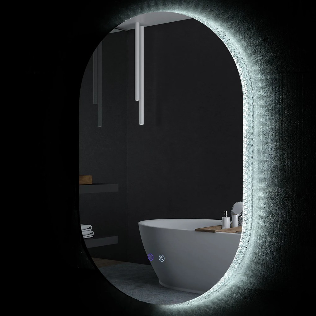 kleankin oválné osvětlené LED nástěnné zrcadlo do koupelny 81 x 51 cm, 3 barvy, nastavitelná jasnost, dotykový spínač, průhledné