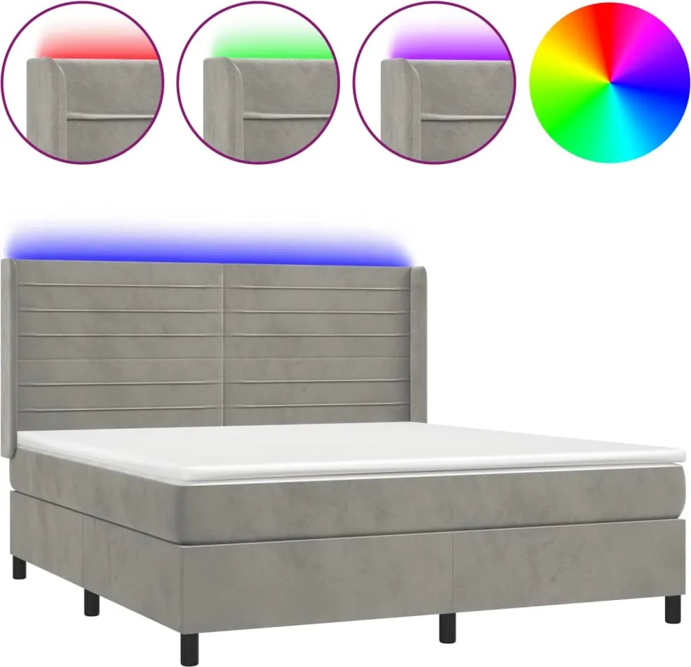 Box spring postel s matrací a LED světle šedá 160x200 cm samet 3139631