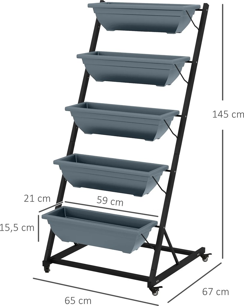 Stojan na rostliny Outsunny Stojan na květiny s 5 patry a kolečky, police na rostliny s otvory Schodiště na rostliny do zahrady z oceli v šedé barvě …