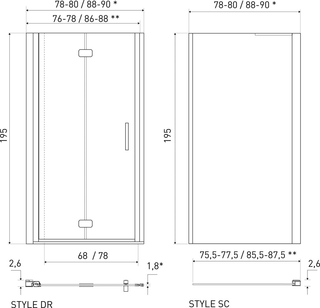 Novoterm Zalamovací otočné sprchové dveře NV-Style DR CHR 90, chrom/transparent - bez vaničky