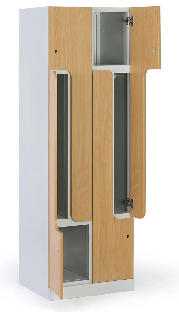 Kovová šatní skříňka S1 Z, 4 oddíly, 1850 x 600 x 500 mm, RFID zámek, laminované dveře, bříza
