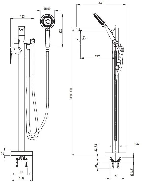 Deante Jasmin, volně stojící vanová baterie s ruční sprchovou soupravou, chromová, BGJ_017M