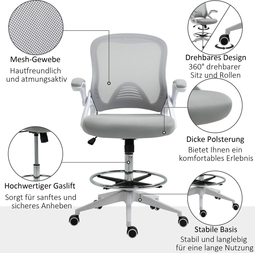 Ergonomická kancelářská židle Vinsetto s sklápěcími opěrkami a nastavitelným kroužkem pod nohy, výškově nastavitelná otočná židle s funkcí naklápění,…
