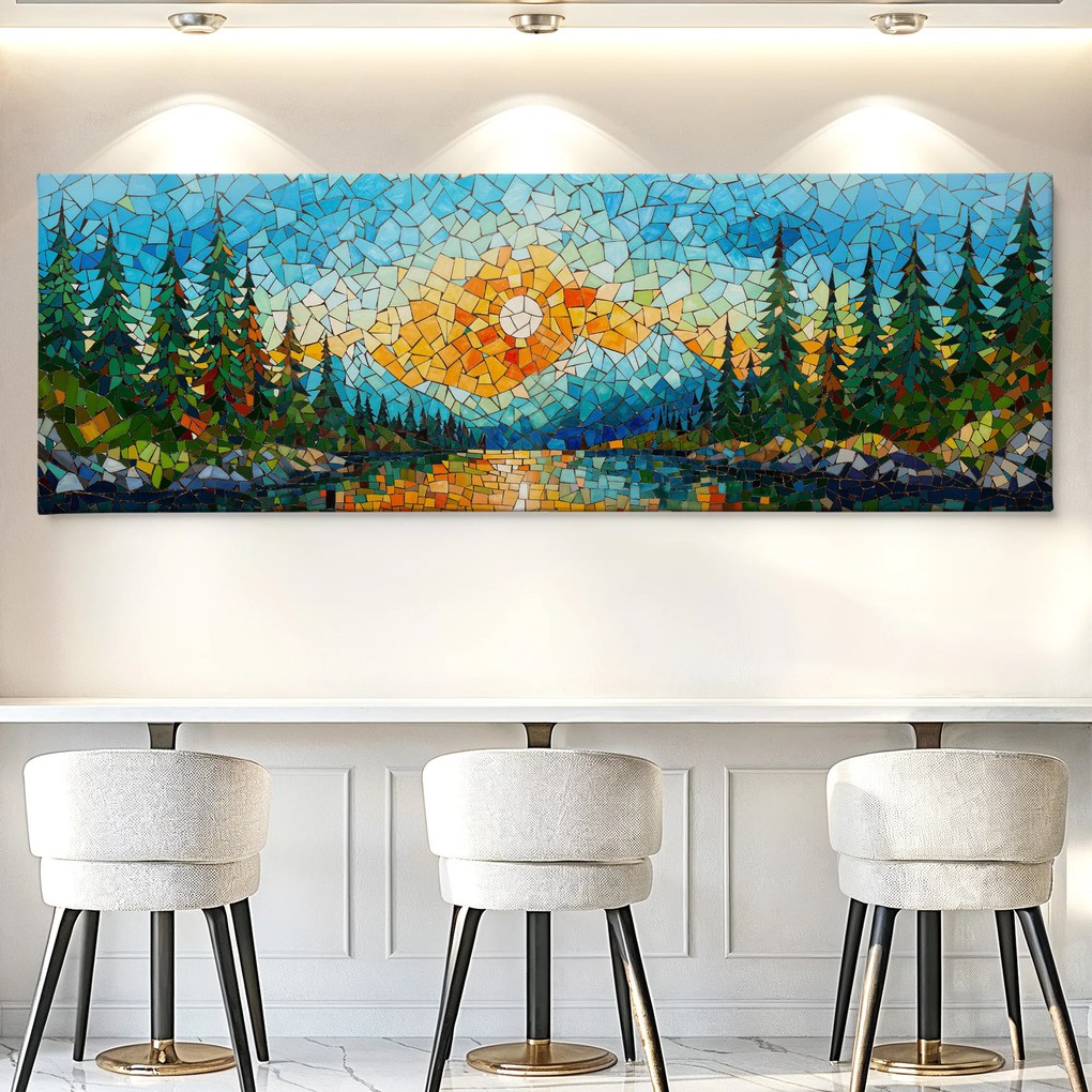 Obraz na plátně - Odlesky sluneční mozaiky nad horami FeelHappy.cz Velikost obrazu (šířka x výška): 270 x 90 cm