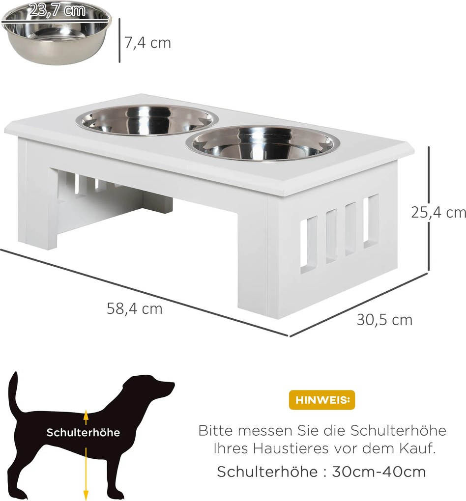 PawHut Zvýšená miska pro psy Miska na krmivo s nerezovými miskami 58,4x30,5x25,4cm MDF Protiskluzová Snadná údržba Bílá pro psy | Aosom.de