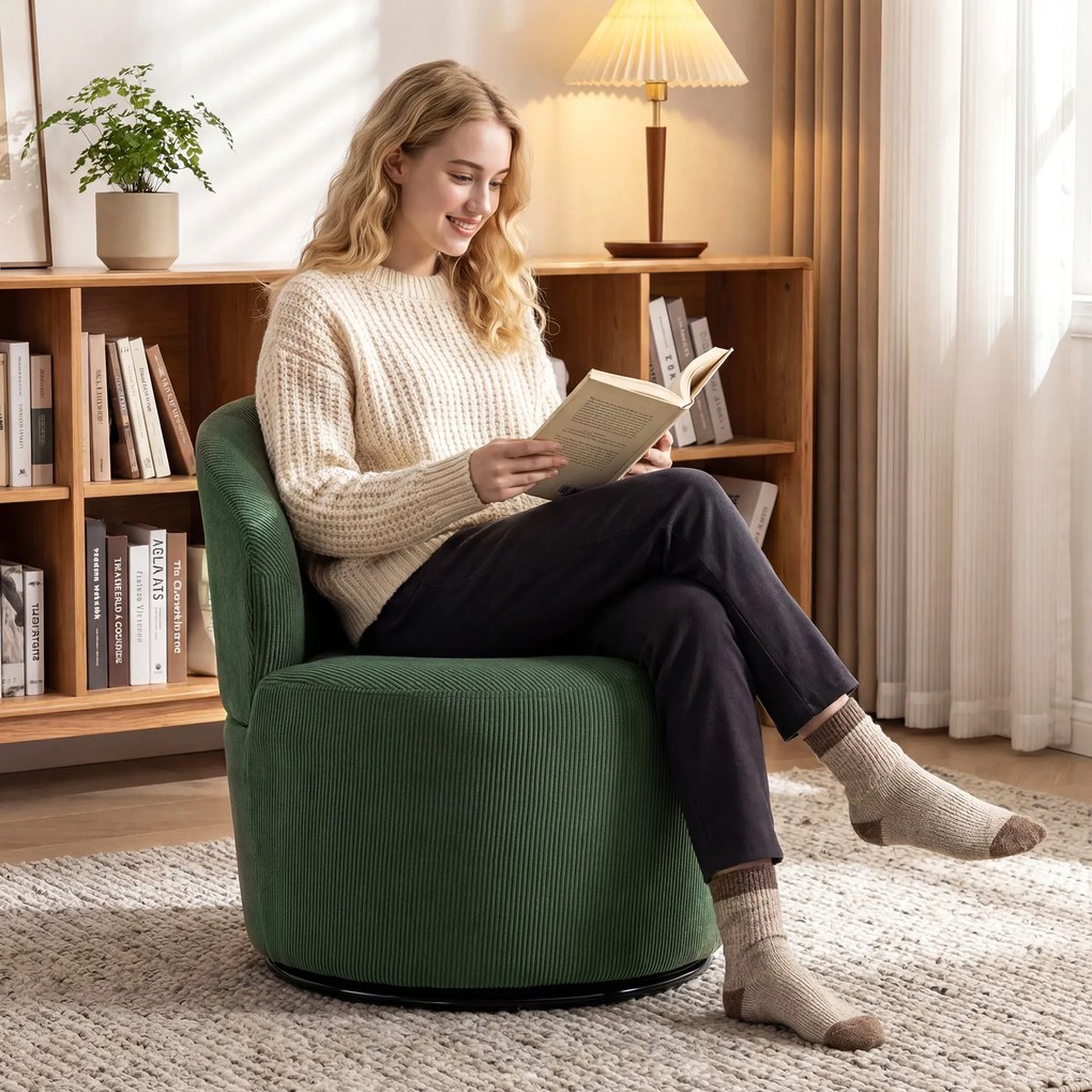 Otočné lounge křeslo HOMCOM se širokým sedákem — moderní čalouněné křeslo s oblým opěradlem a silným polstrováním, manšestr, zelené