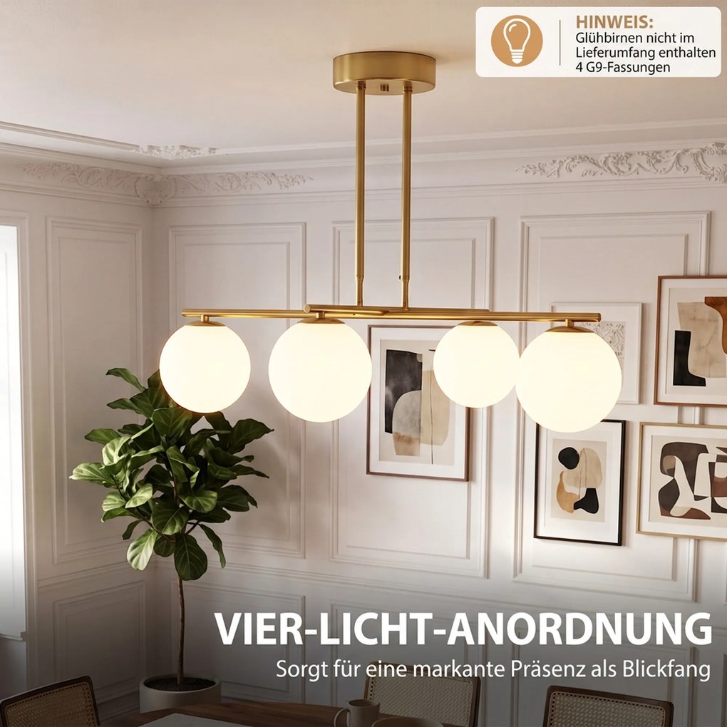 HOMCOM Moderní závěsná lampa se 4 kulatými stínidly, výškově nastavitelné a otočné o 350°, bílé