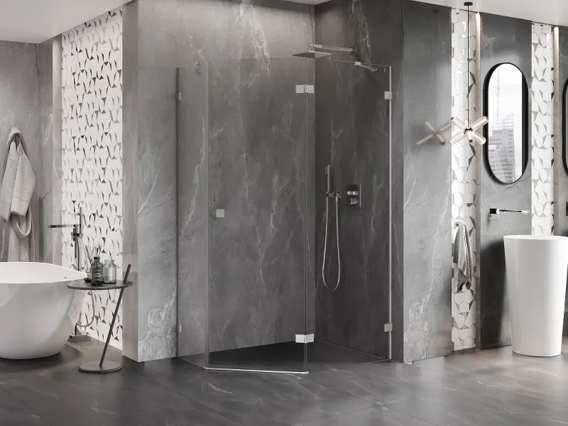 Mexen Lunar, pravý výklopný pětiúhelníkový sprchový kout 90 x 80 cm, 8mm čiré sklo, ocelový profil, 831-090P-080L-97-00-P