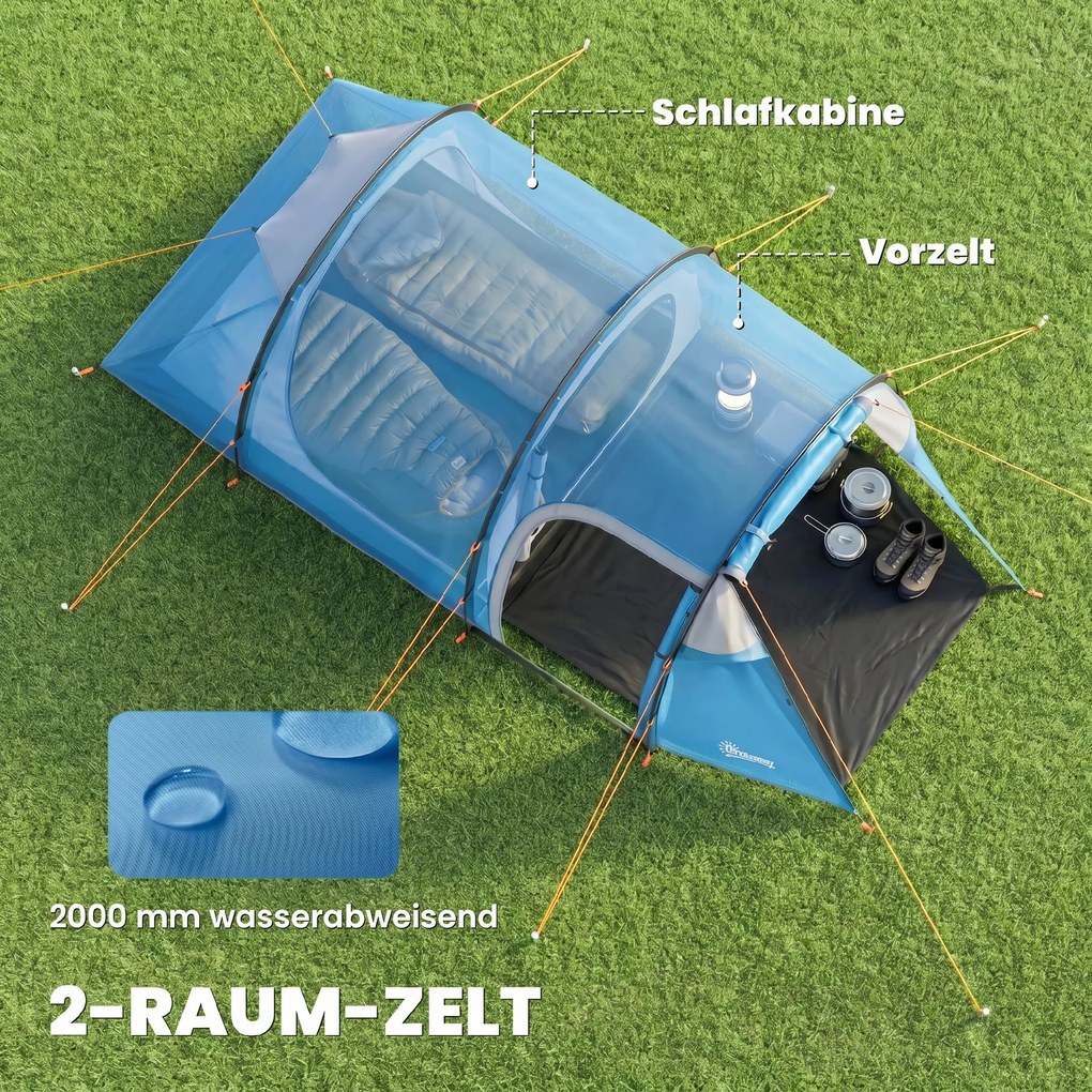 Outsunny tunelový stan pro 2-3 osoby 190T kempinkový stan s kolíky, sklolaminát a polyester, světle modrý, 426x206x154cm| Aosom