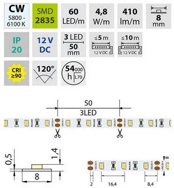 LED pásek McLED 12V studená bílá CRI90 š=8mm IP20 4,8W/m 60LED/m SMD2835 ML-121.829.60.2
